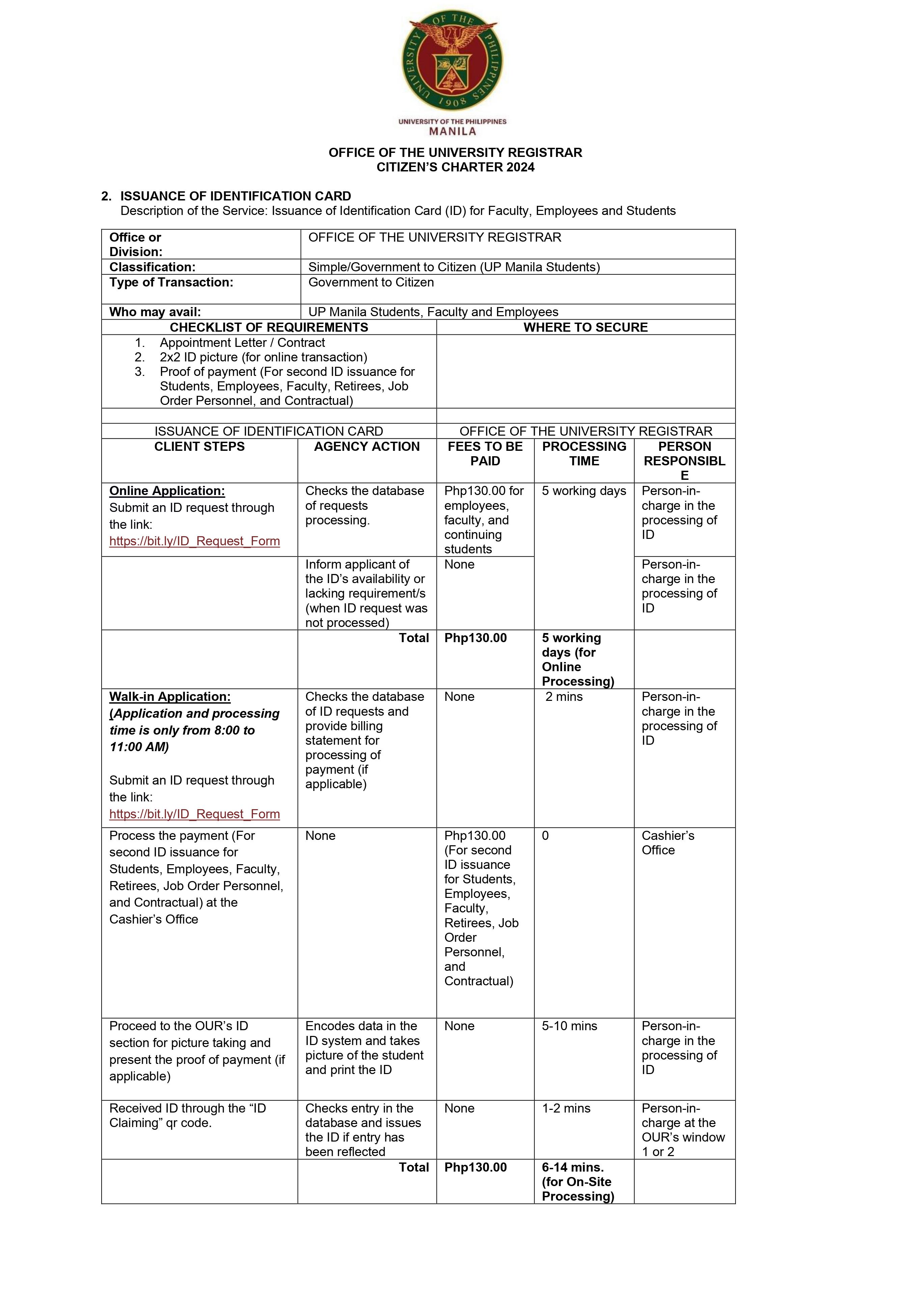 OUR Citizen's Charter | Office of the University Registrar
