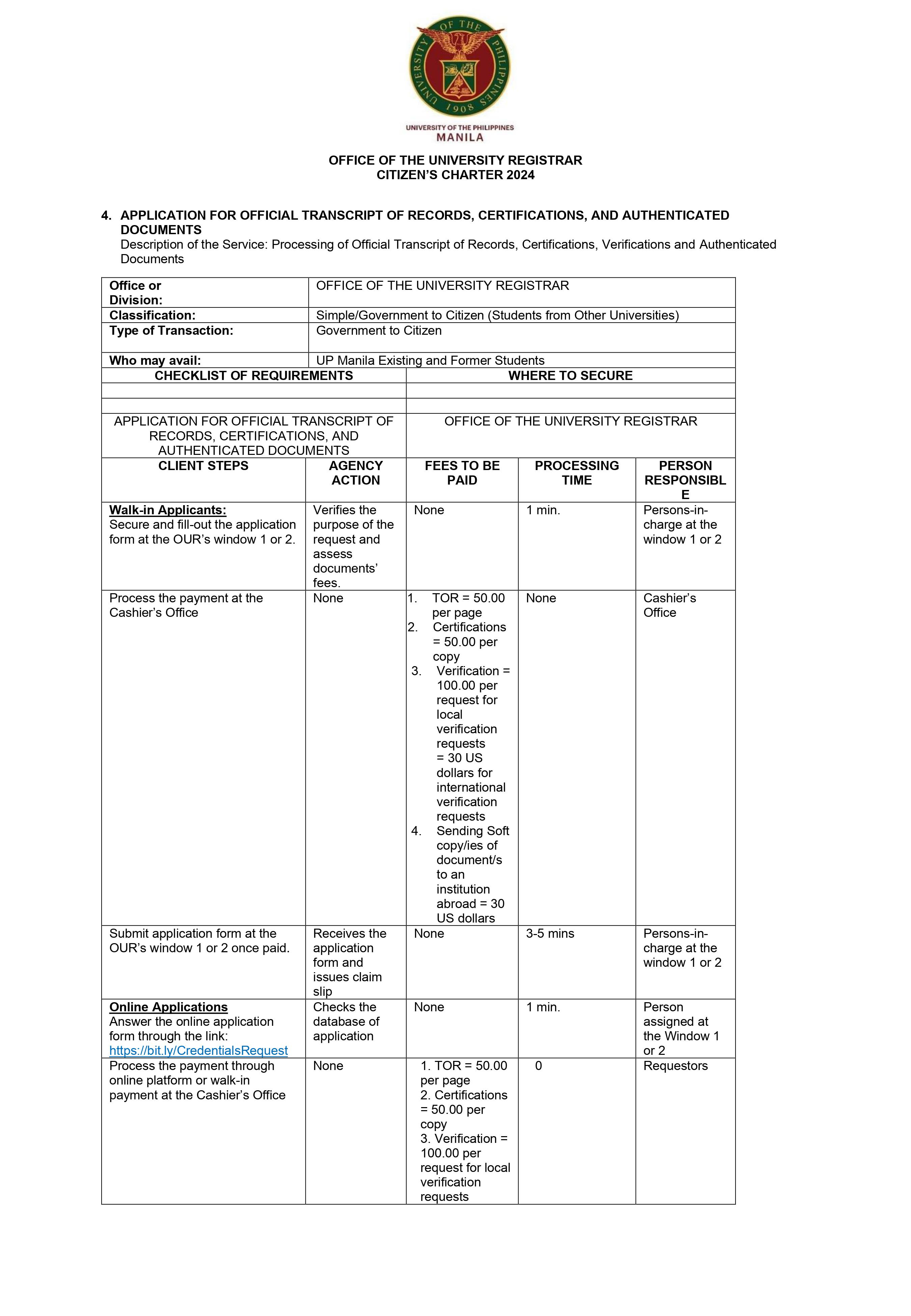 OUR Citizen's Charter | Office of the University Registrar