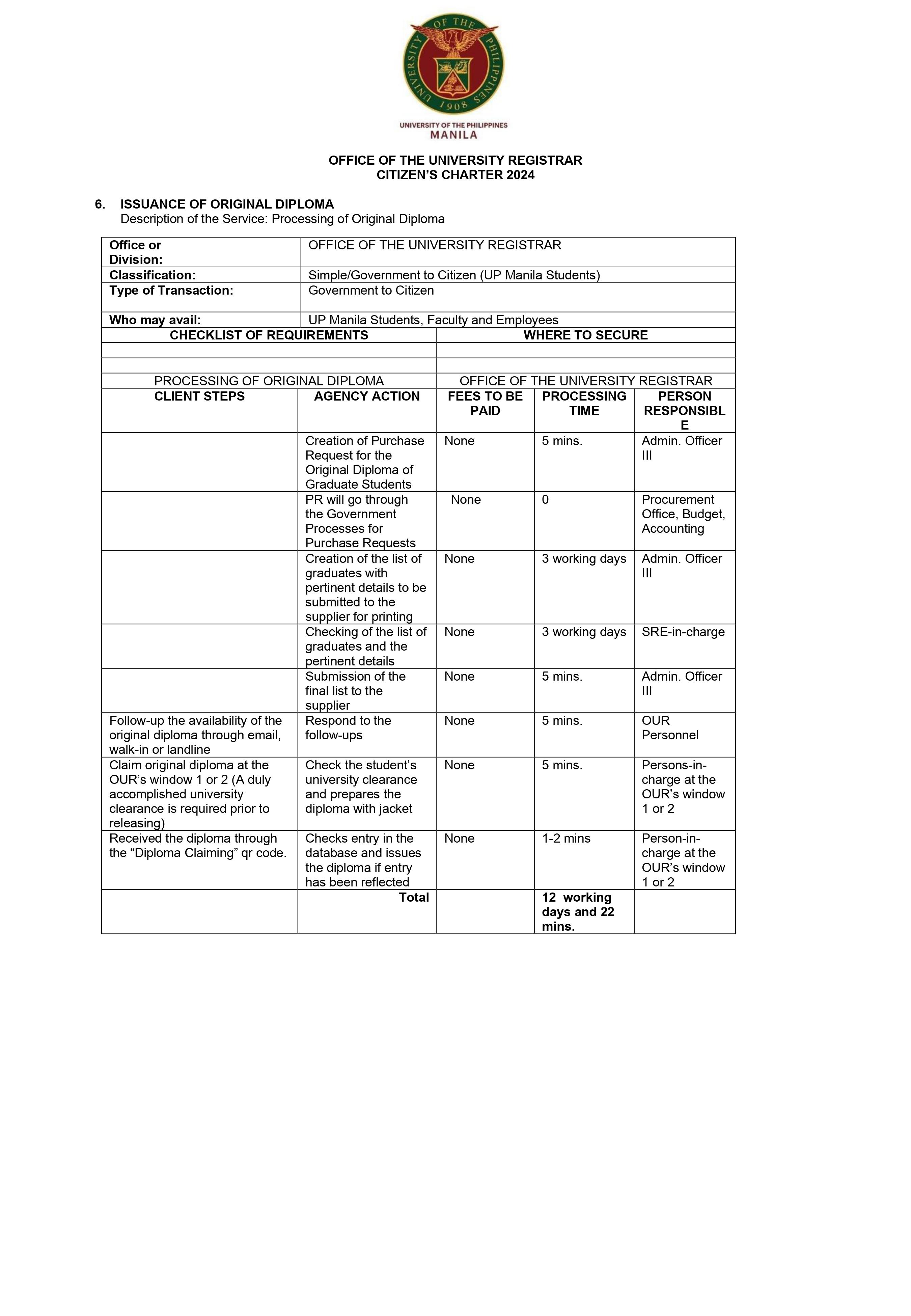 OUR Citizen's Charter | Office of the University Registrar